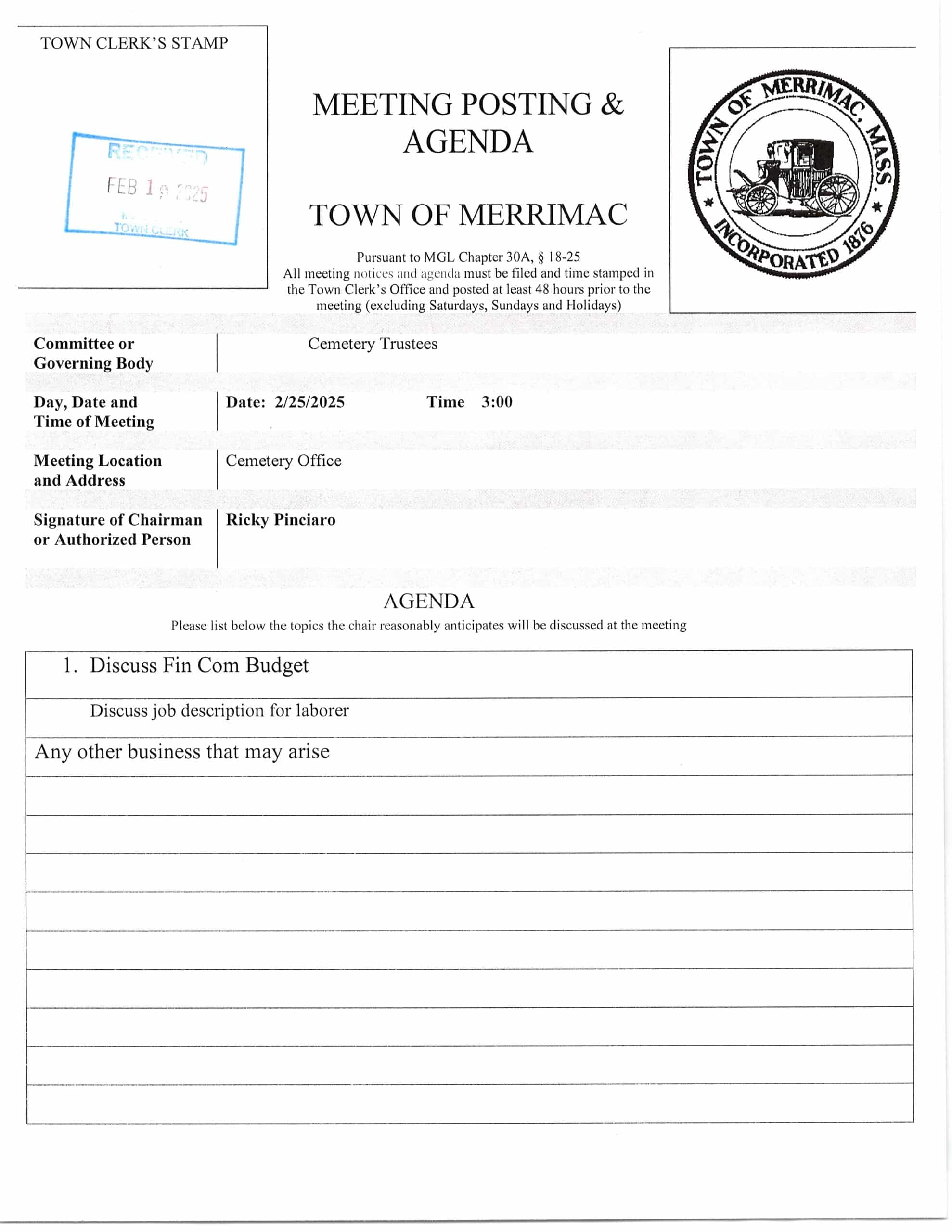 Cemetery Trustees 2.25.2025 - Town of Merrimac, MA