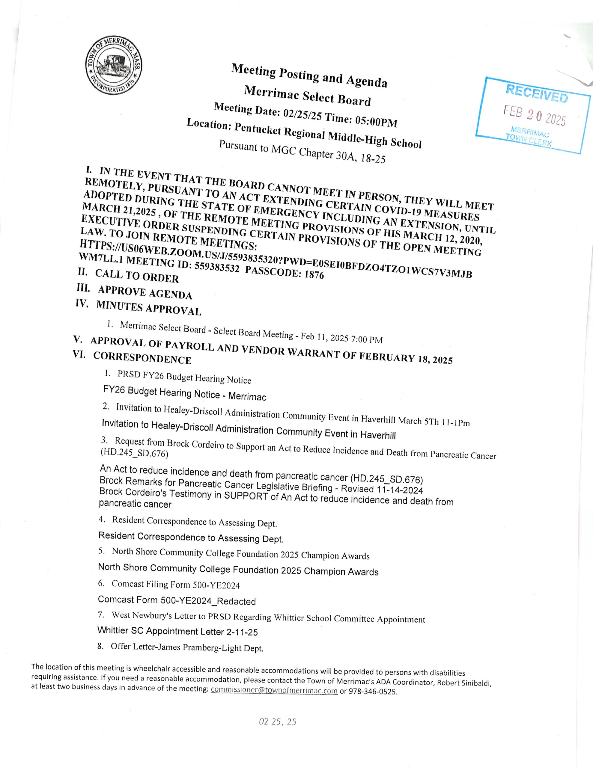 Select Board 2.25.2025 - Town of Merrimac, MA