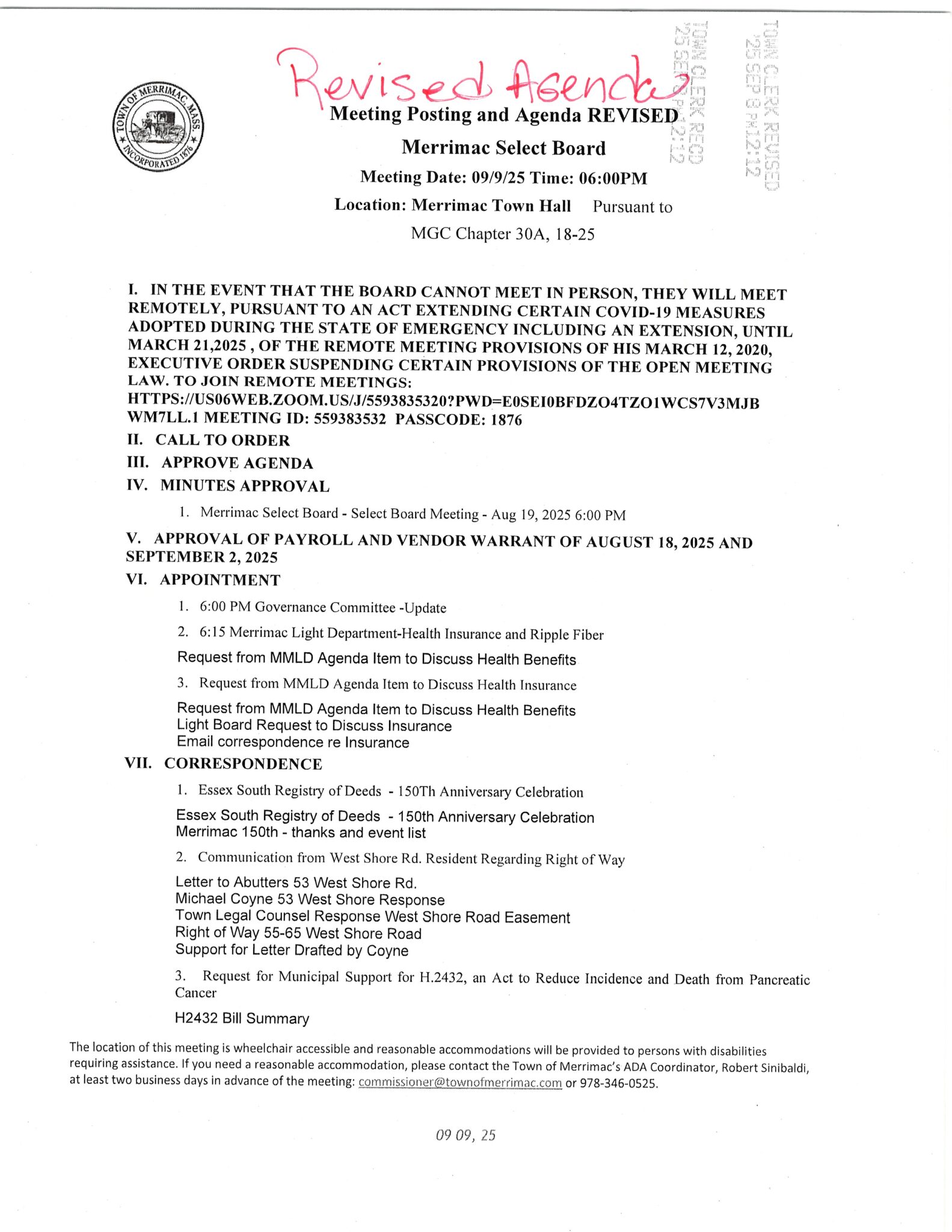 Select Board Revised 9.9.2025 - Town of Merrimac, MA