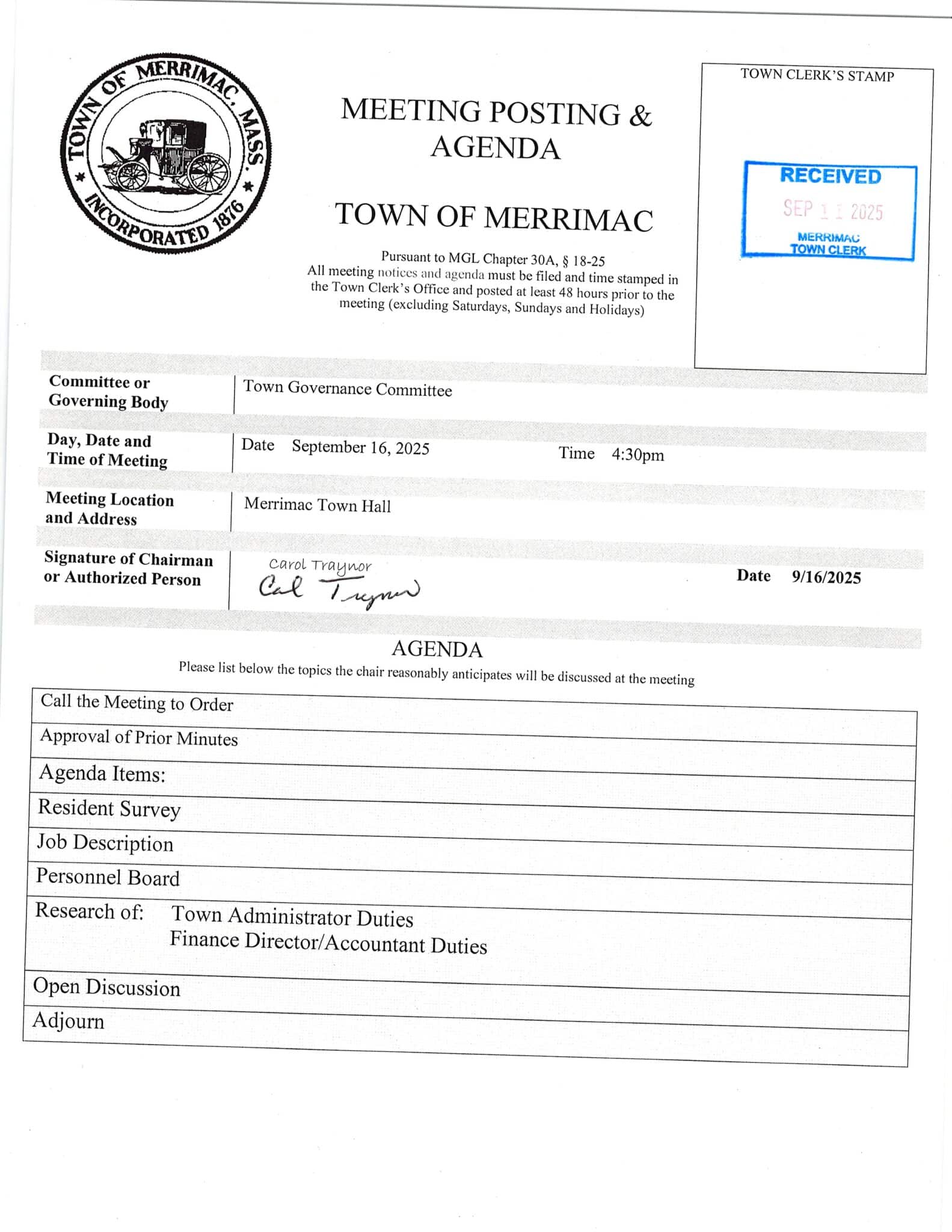 Governance Committee 9.16.2025 - Town of Merrimac, MA