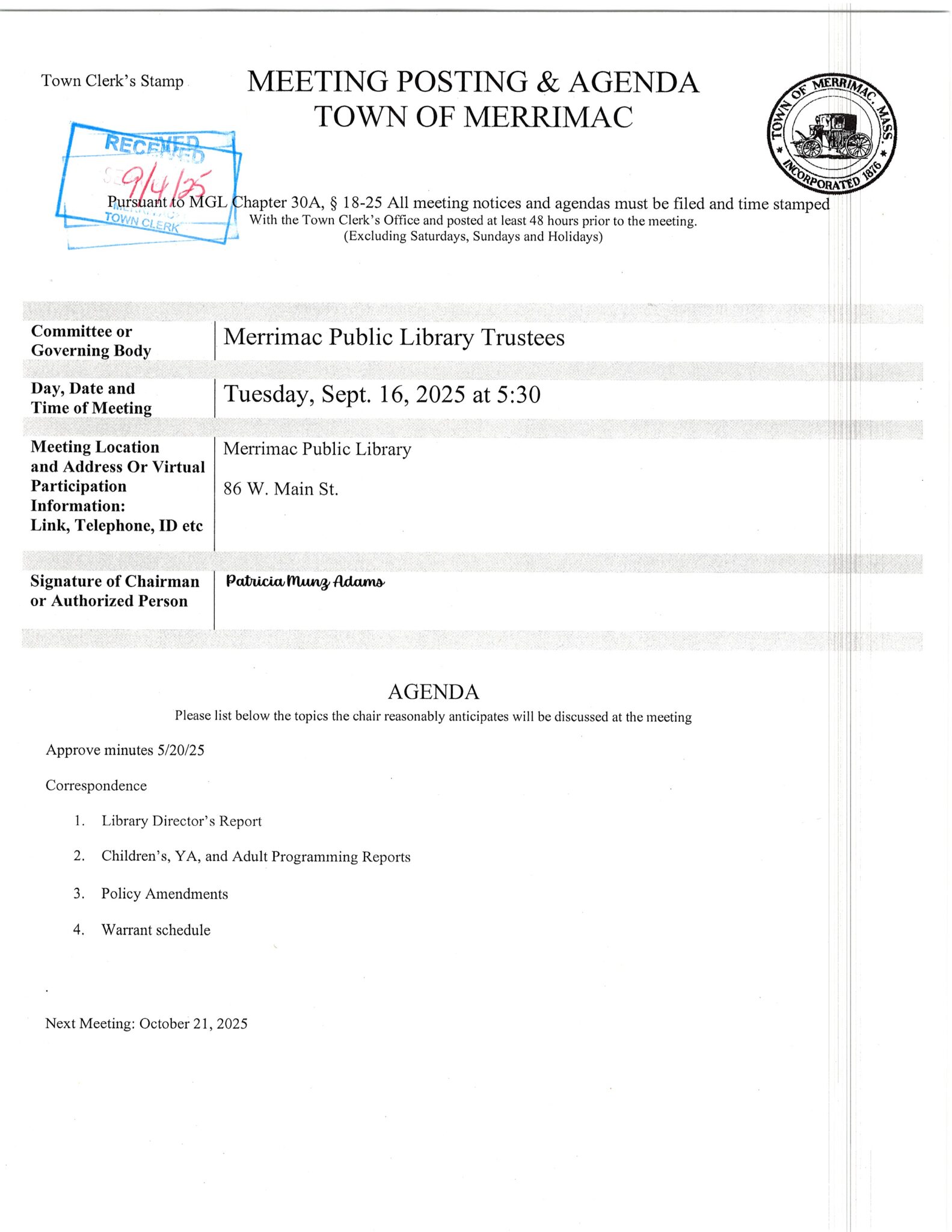 Library Trustees 9.16.2025 - Town of Merrimac, MA