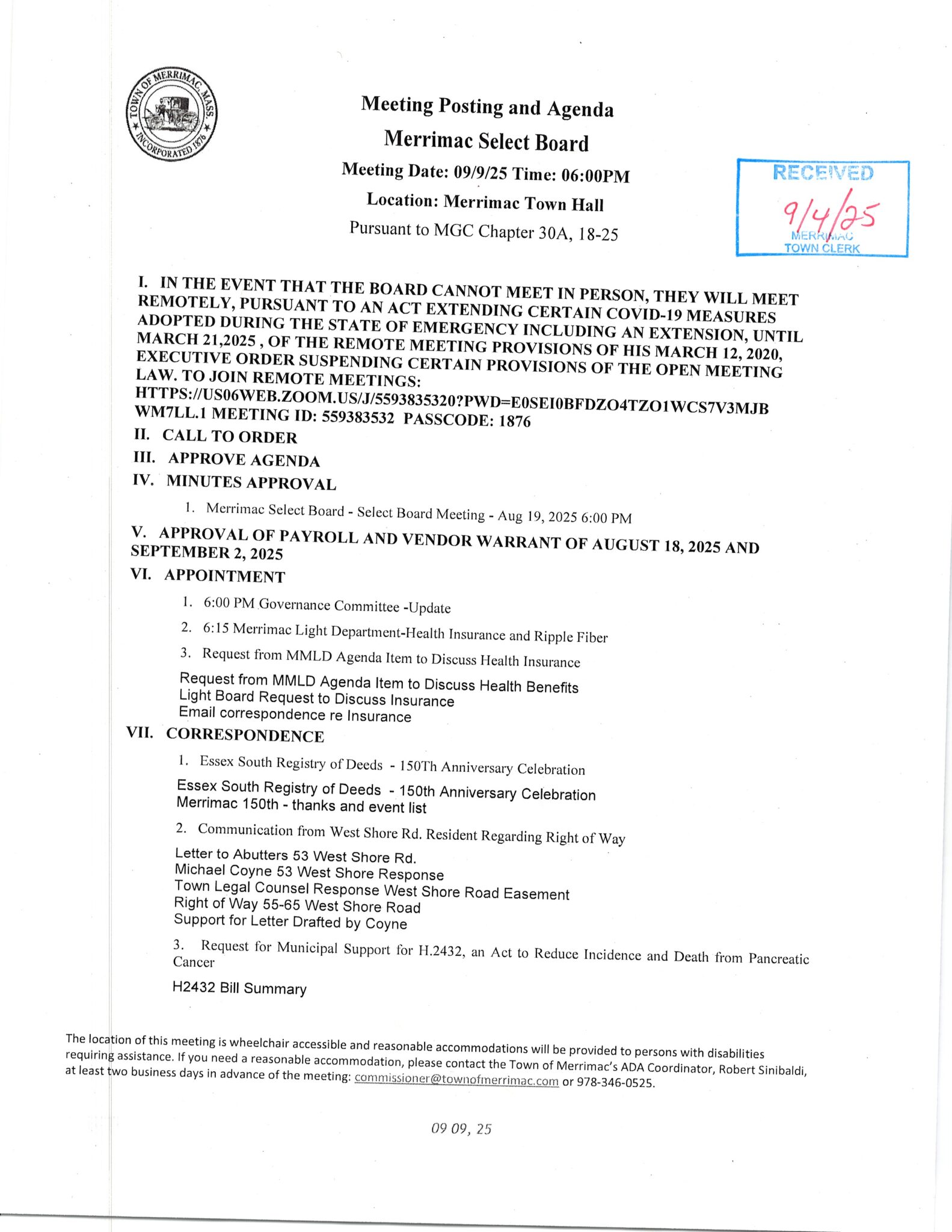 Select Board 9.9.2025 - Town of Merrimac, MA